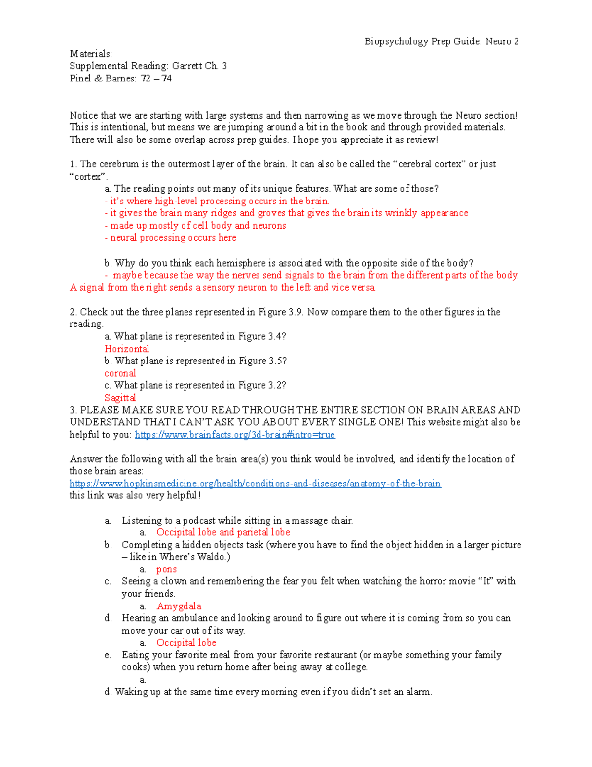 Neuro 2 prep guide 2 - Biopsychology Prep Guide: Neuro 2 Materials: Supplemental Reading ...