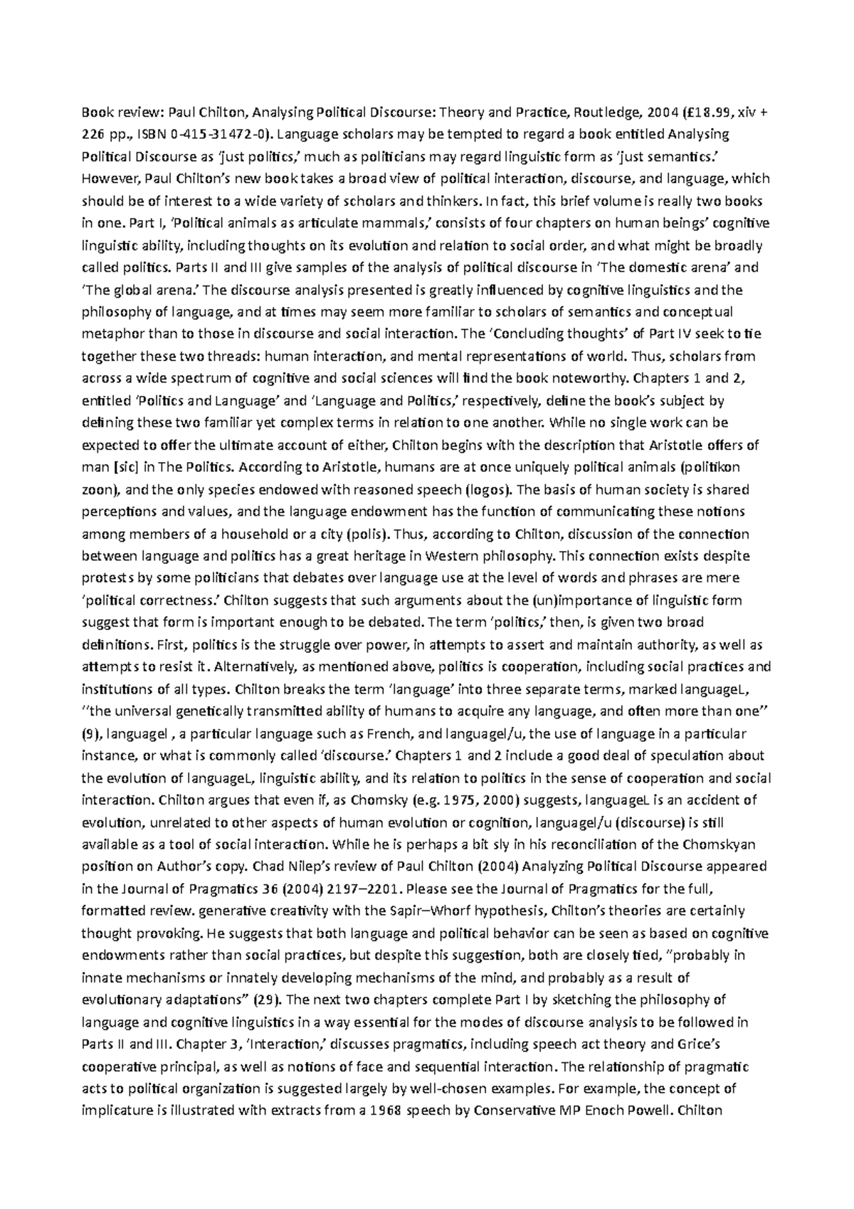 Book review analysing political discourse - Book review: Paul Chilton ...