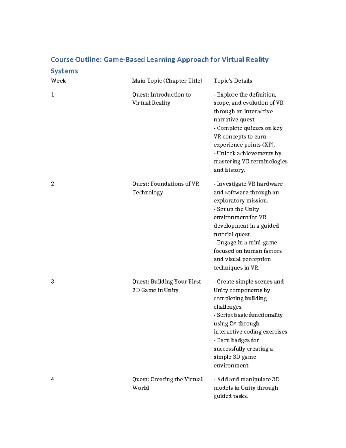 Game Based VR Syllabus - test - Course Outline: Game-Based Learning ...