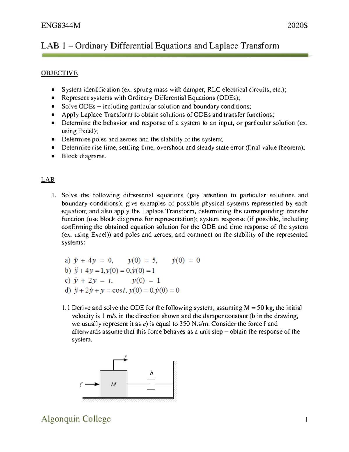 Lab1 Ordinary Differential Equations and Laplace Transform - ELN8606 ...