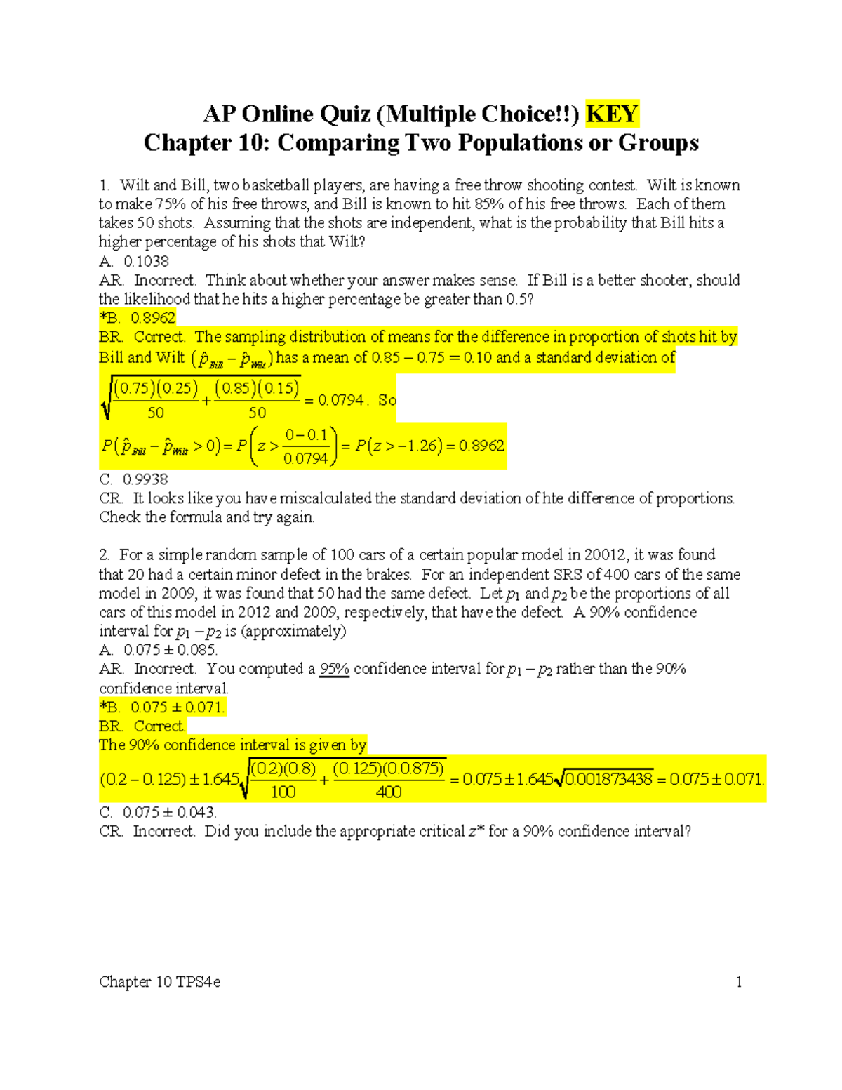 Ap ch 10 online mc key - Probability and discorvering styuff - AP ...