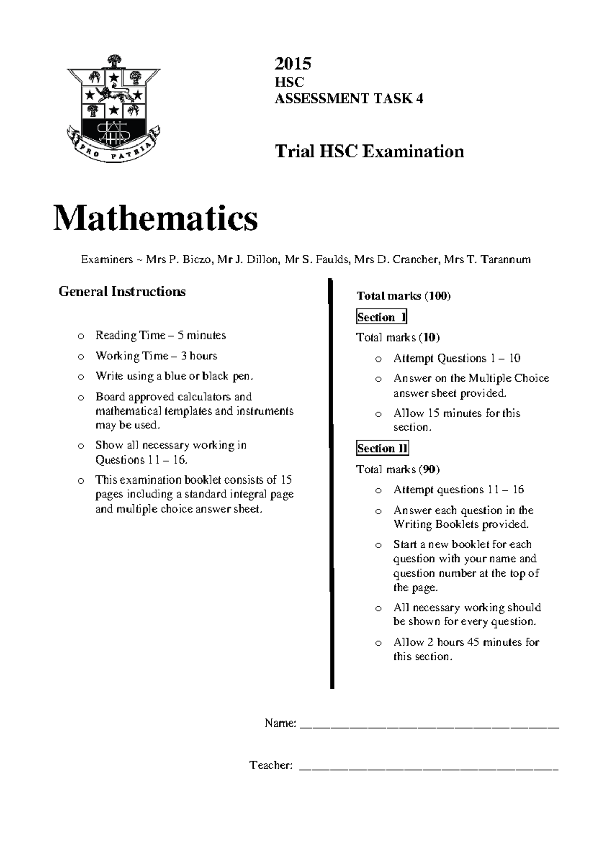 2015 2U - Hurlstone Trial with Solutions - 2015 HSC ASSESSMENT TASK 4 ...