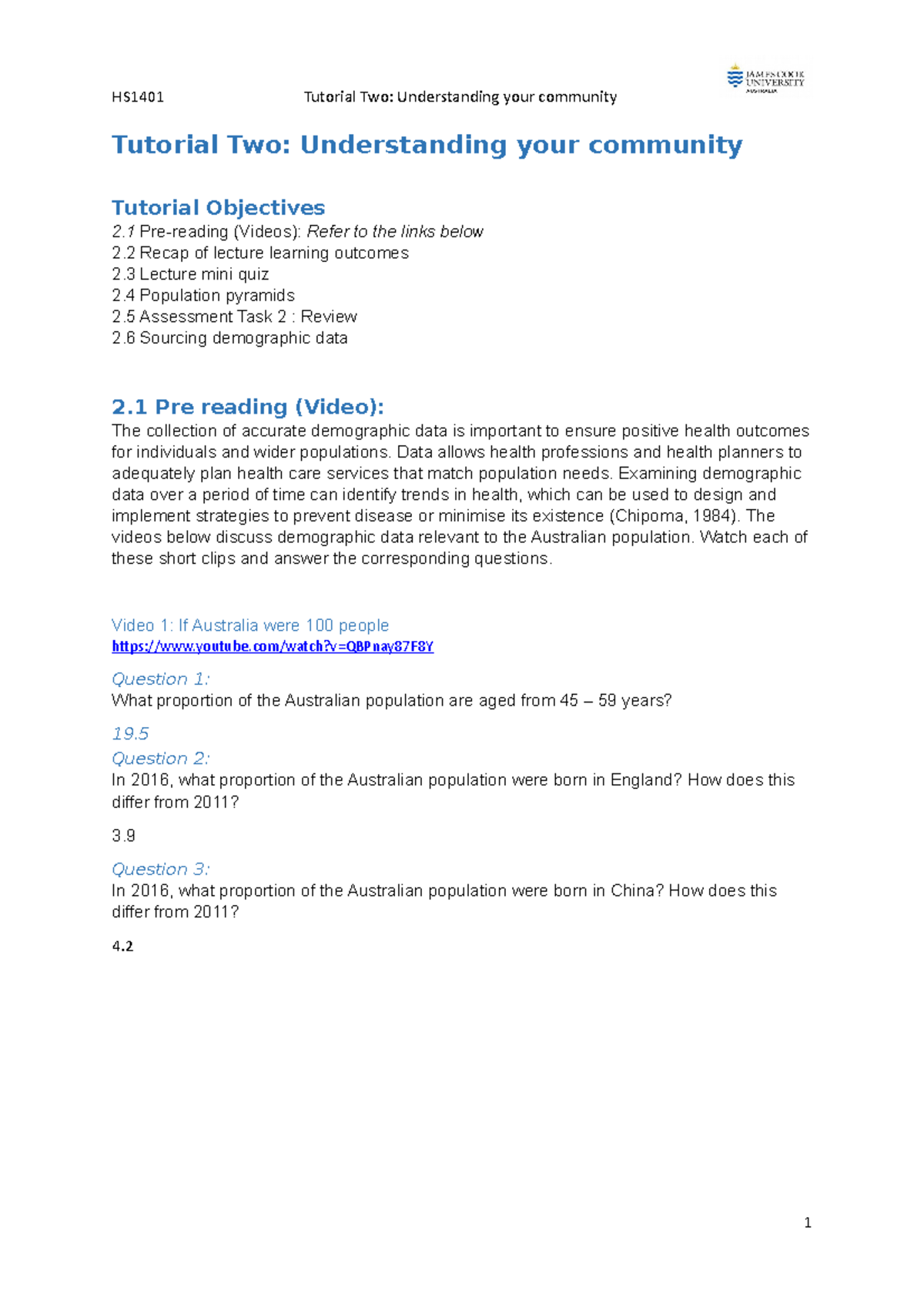 Wk 2 - week 2 tutorial answers - Tutorial Two: Understanding your ...