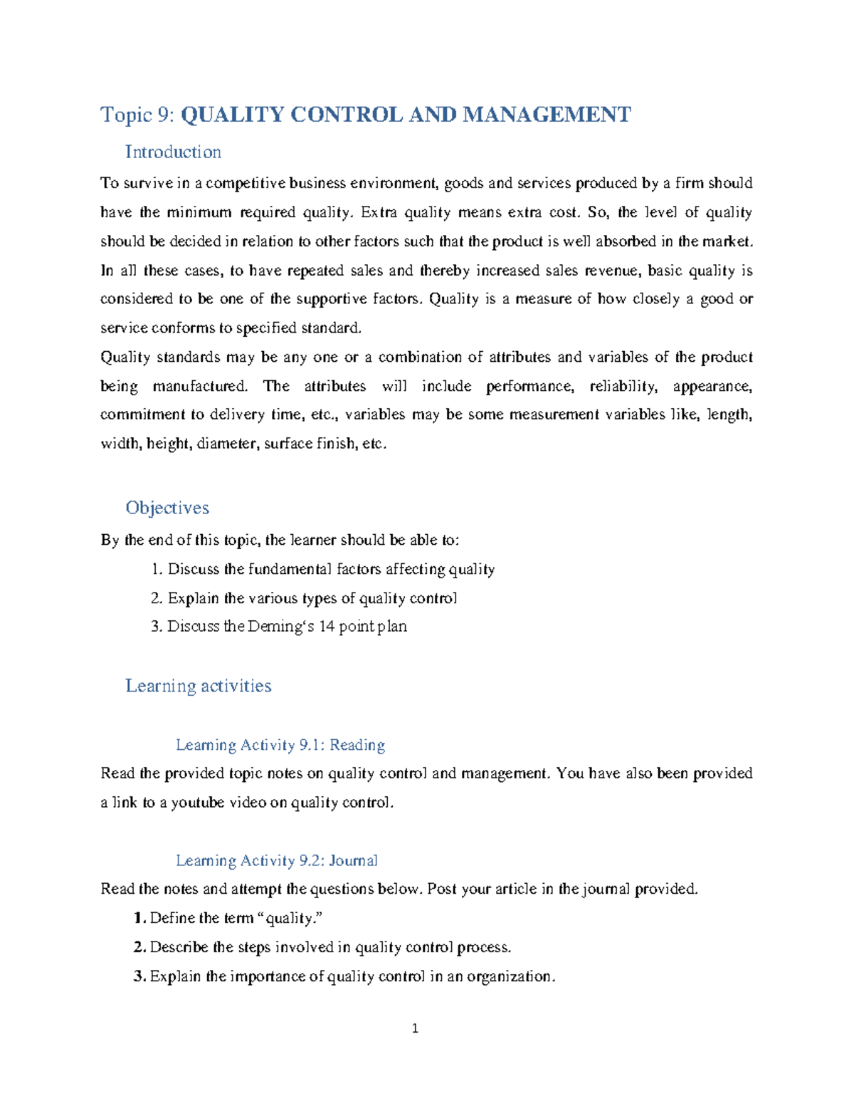 Topic 9 Quality Control and Management - Topic 9: QUALITY CONTROL AND ...