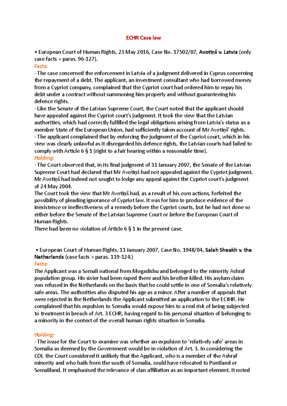 Week 1 and 2 Case law Summary - ECHR Case law European Court of Human ...