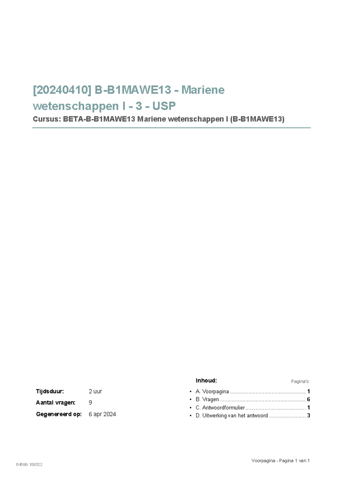 Mariene Wetenschappen 1 DT 2 oefententamen - [20240410] B-B1MAWE13 ...