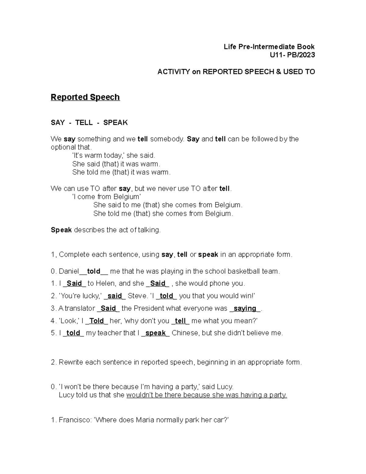 Grammar activity of reported spech - Life Pre-Intermediate Book U11- PB ...