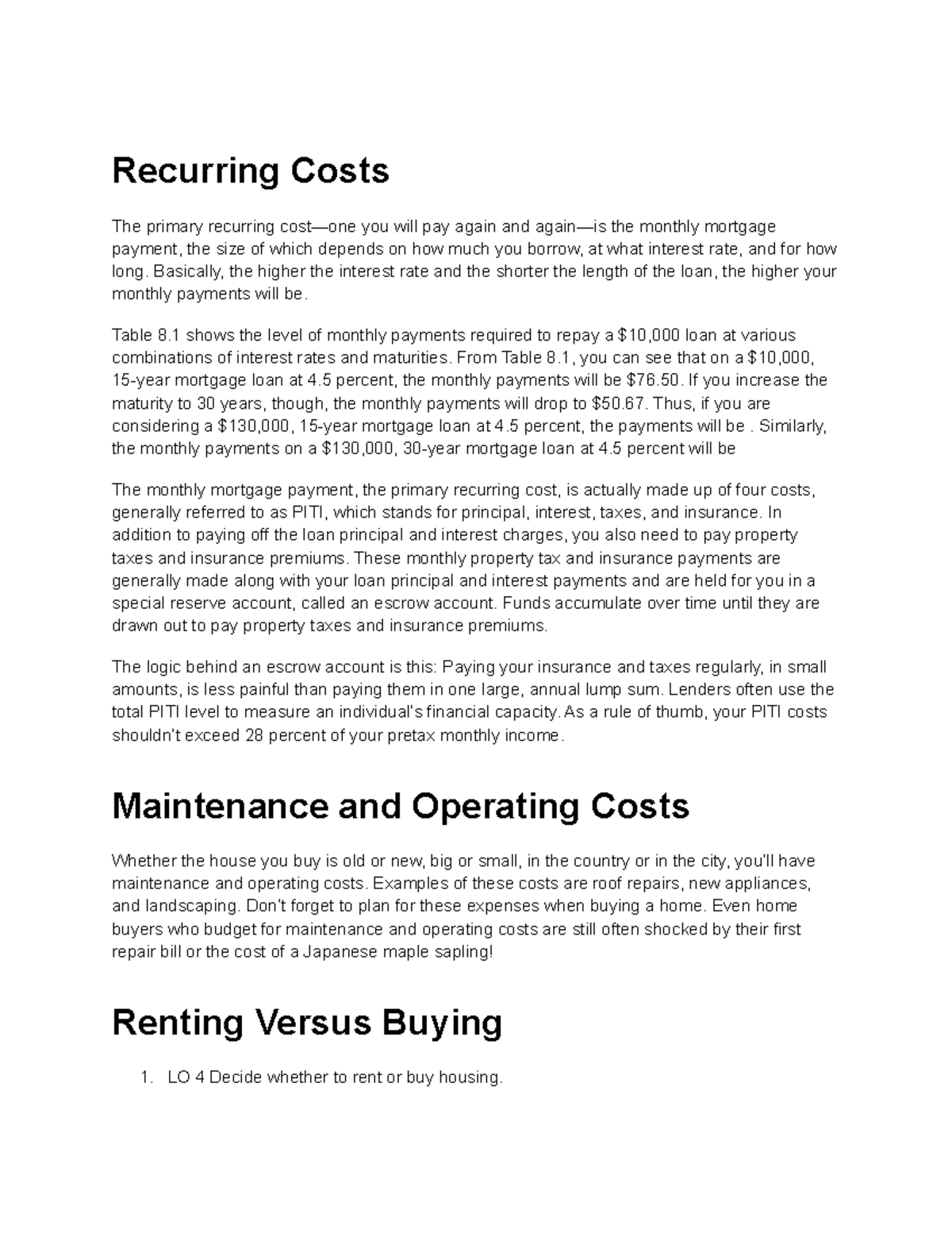 Intro to finances week 17 pt - Recurring Costs The primary recurring ...