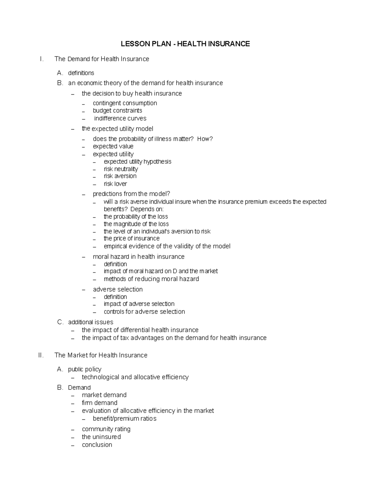 LESSON PLAN - HEALTH INSURANCE (Overview) - LESSON PLAN HEALTH ...