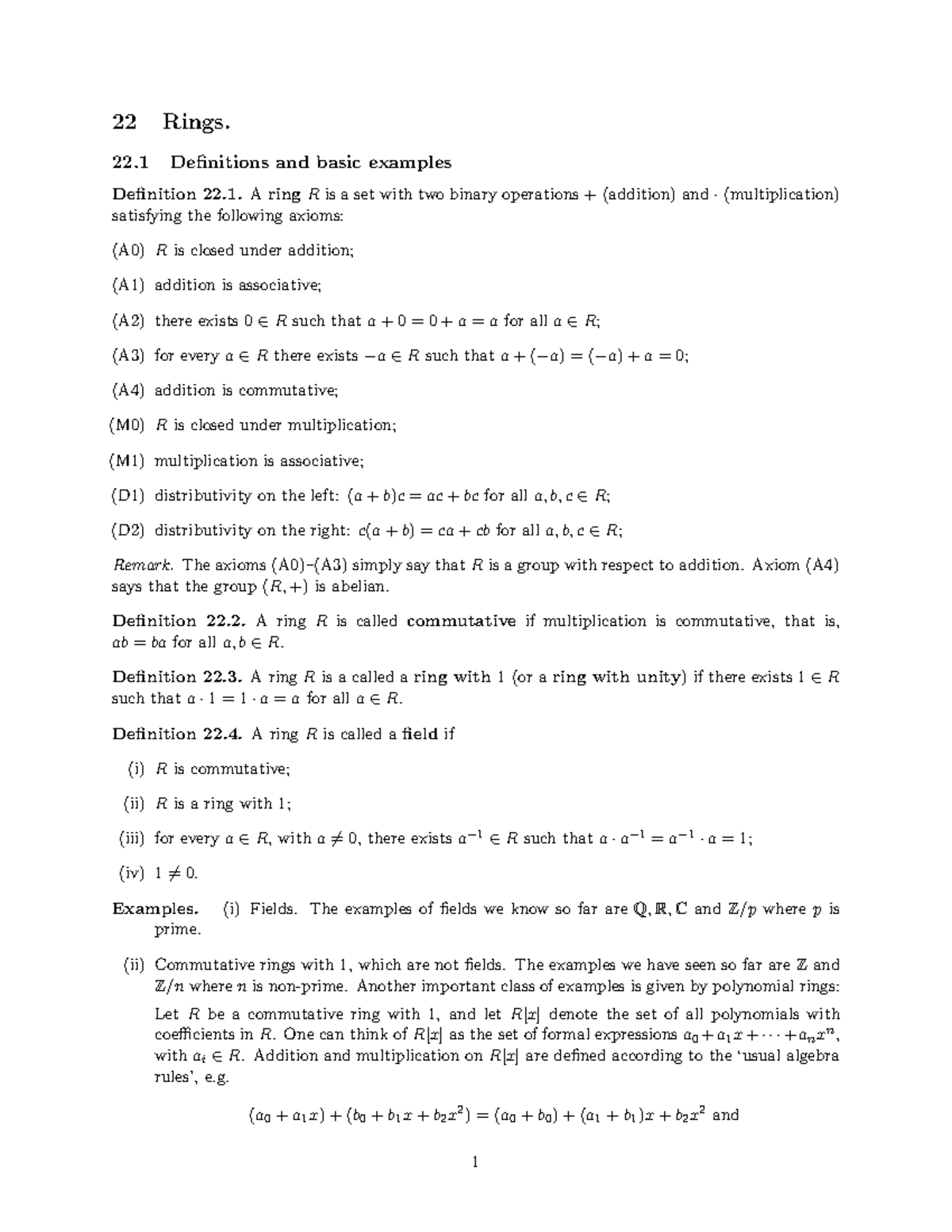 Lecture 22 - Class Notes - 22 Rings. 22 Definitions and basic examples ...