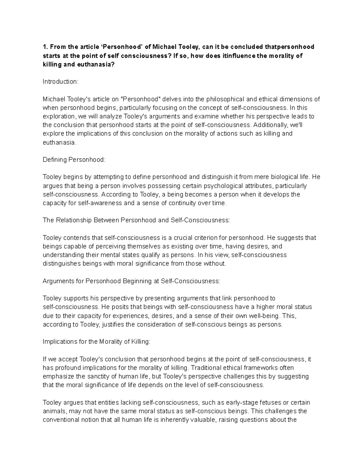 ‘Personhood’ of Michael Tooley - In this exploration, we will analyze ...