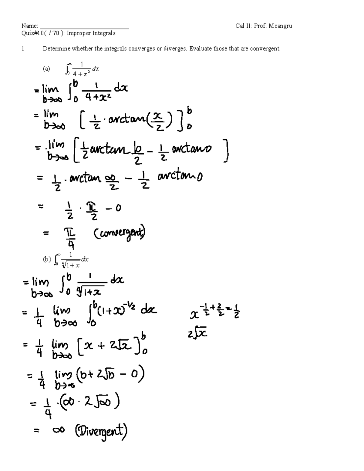 Quiz#10 Improper Integrals - Name: ___________________________ Cal II ...