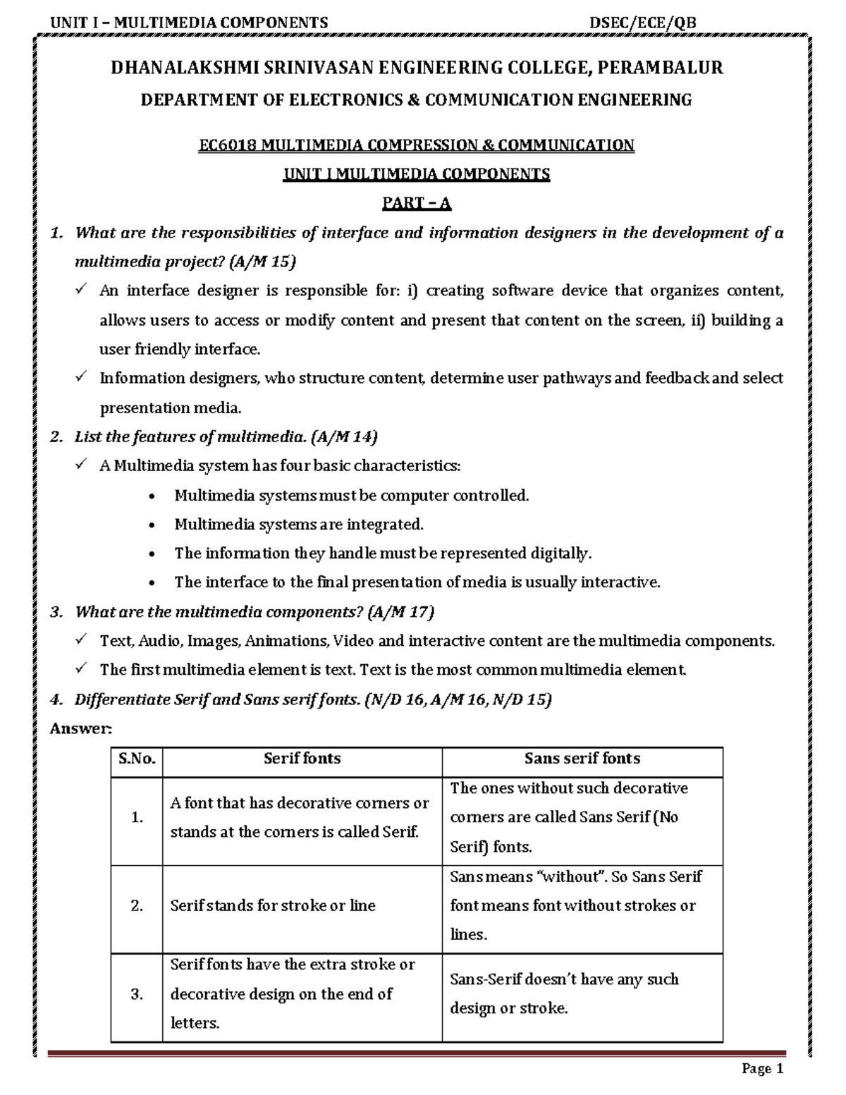 EC6018 Multimedia Compression and Communication - DHANALAKSHMI SRINIVASAN ENGINEERING COLLEGE ...