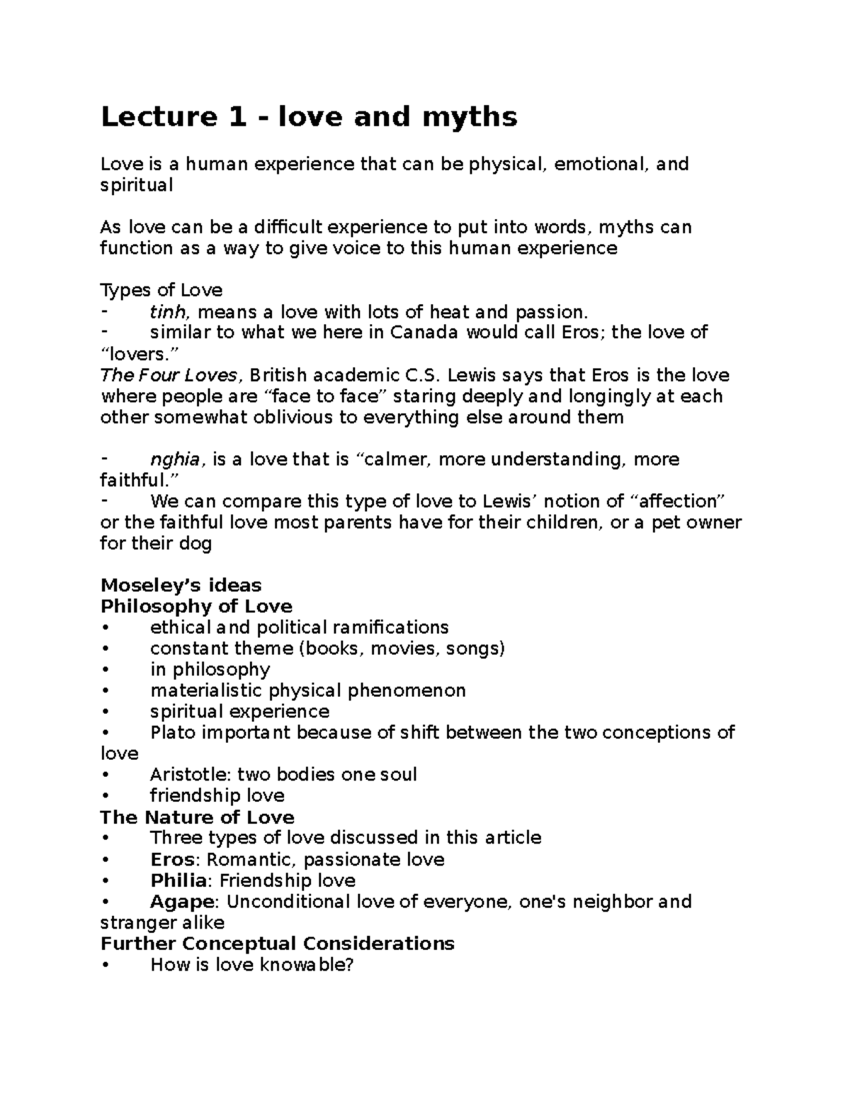 Lecture 1 love and its myths - introductory - Lecture 1 - love and ...