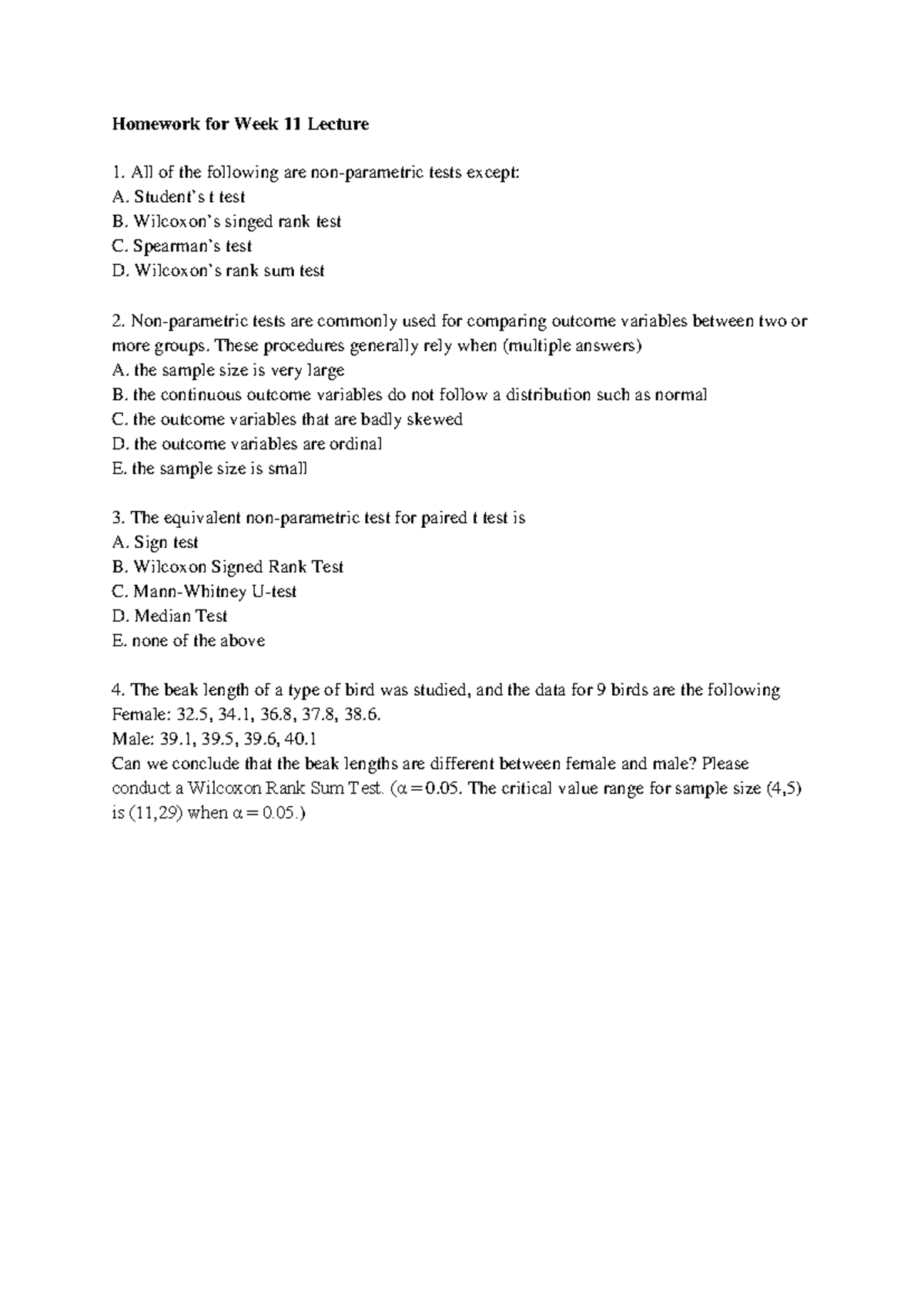 Homework Week 10 - non parametric tests tutorial - BS1008 - NTU - Studocu