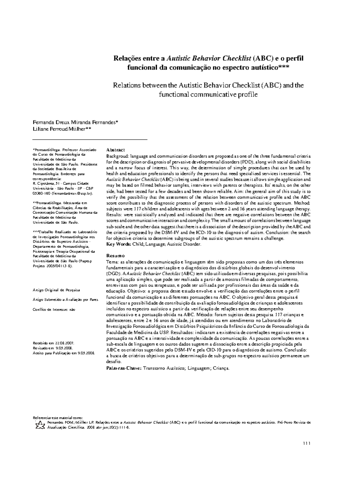 Escala ABC autismo - 111 Relações entre a Autistic Behavior Checklist ...