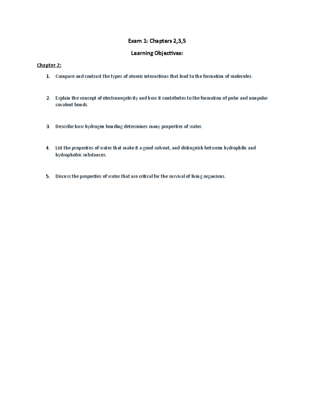 Exam 1 Learning Objectives FUN BIO - Exam 1: Chapters 2,3, Learning Objectives: Chapter 2 ...