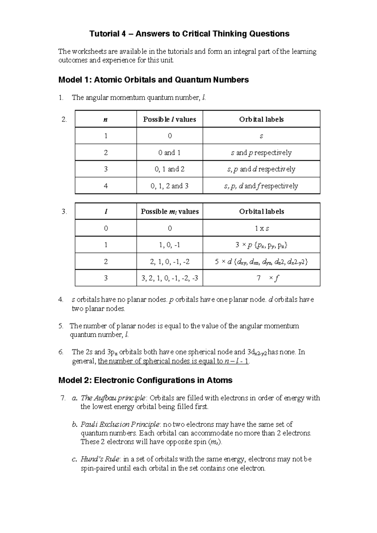 Chem1111Tutorial 04 - Answers-1 - Tutorial 4 – Answers to Critical ...