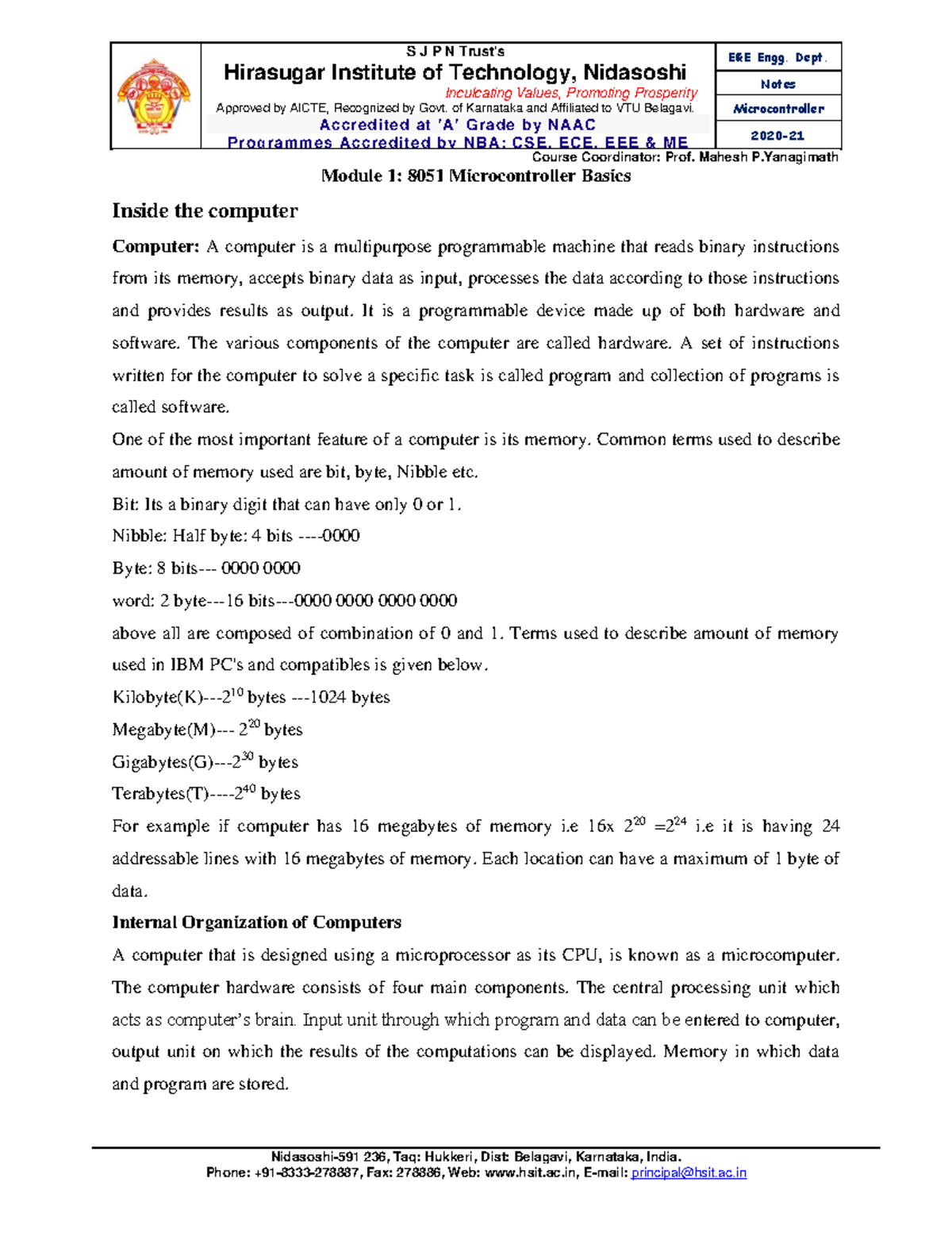 MC Notes Module 1 2020 - Hirasugar Institute of Technology, Nidasoshi ...