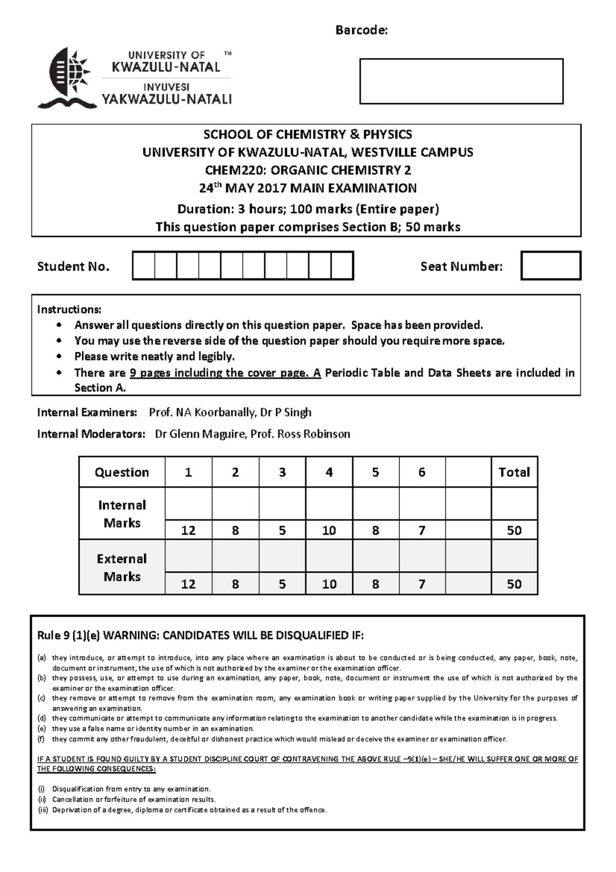 CHEM220 2017 main Sec B (1) - Barcode: SCHOOL OF CHEMISTRY & PHYSICS ...