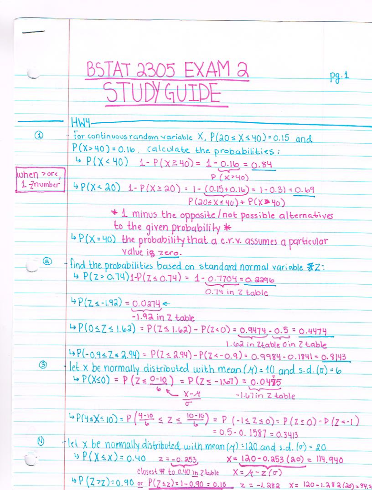 BSTAT 2305 EXAM 2 Study Guide - BSTAT 2305 EXAM 2 pg STUDY GUIDE HW4 1 ...