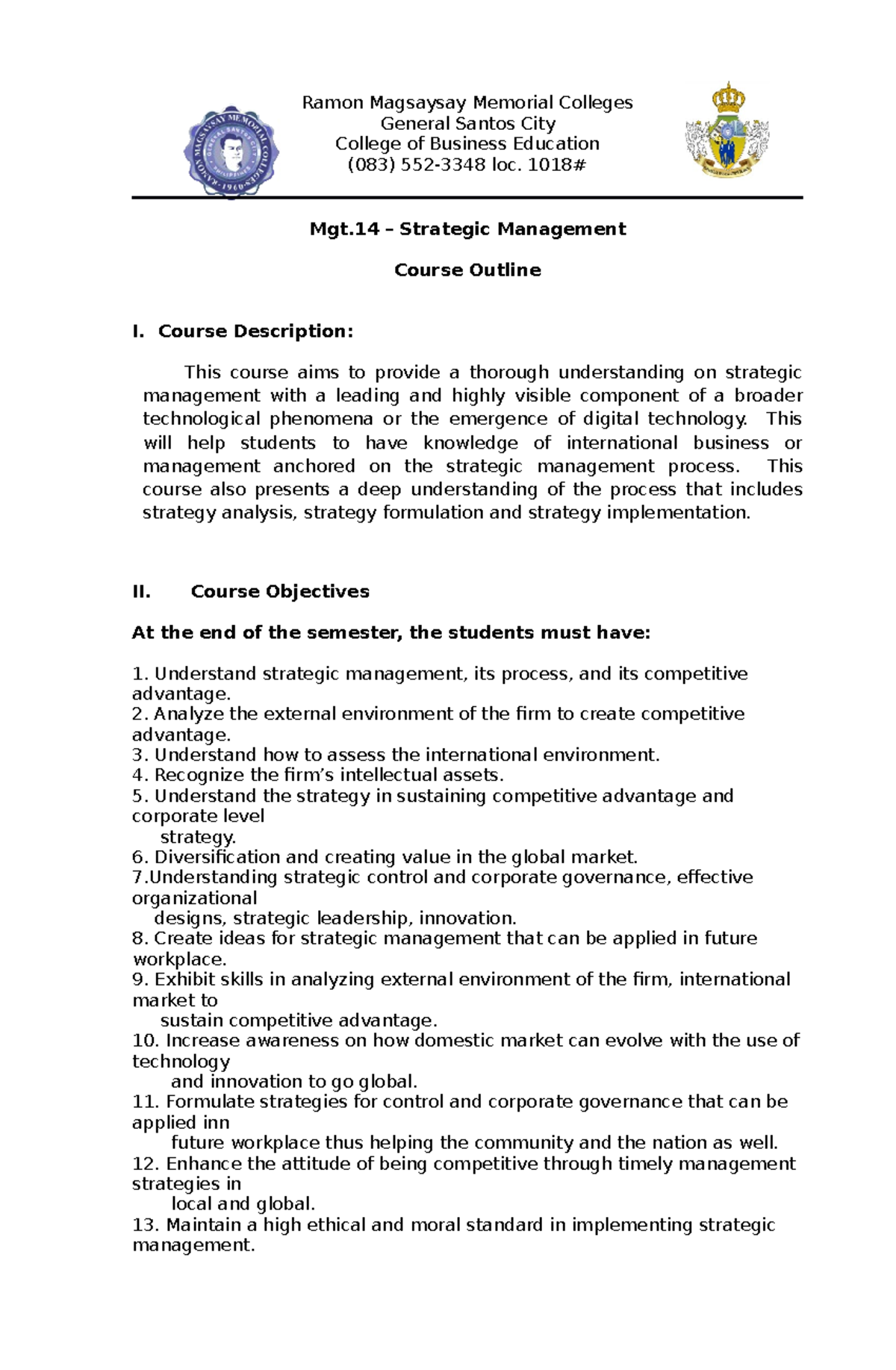 Course Outline for Strategic Management - Ramon Magsaysay Memorial ...
