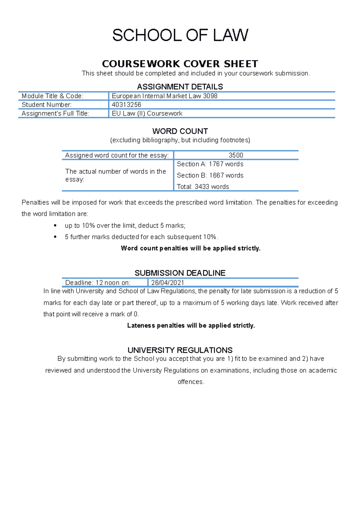 EU law complete Assignment - SCHOOL OF LAW COURSEWORK COVER SHEET This ...