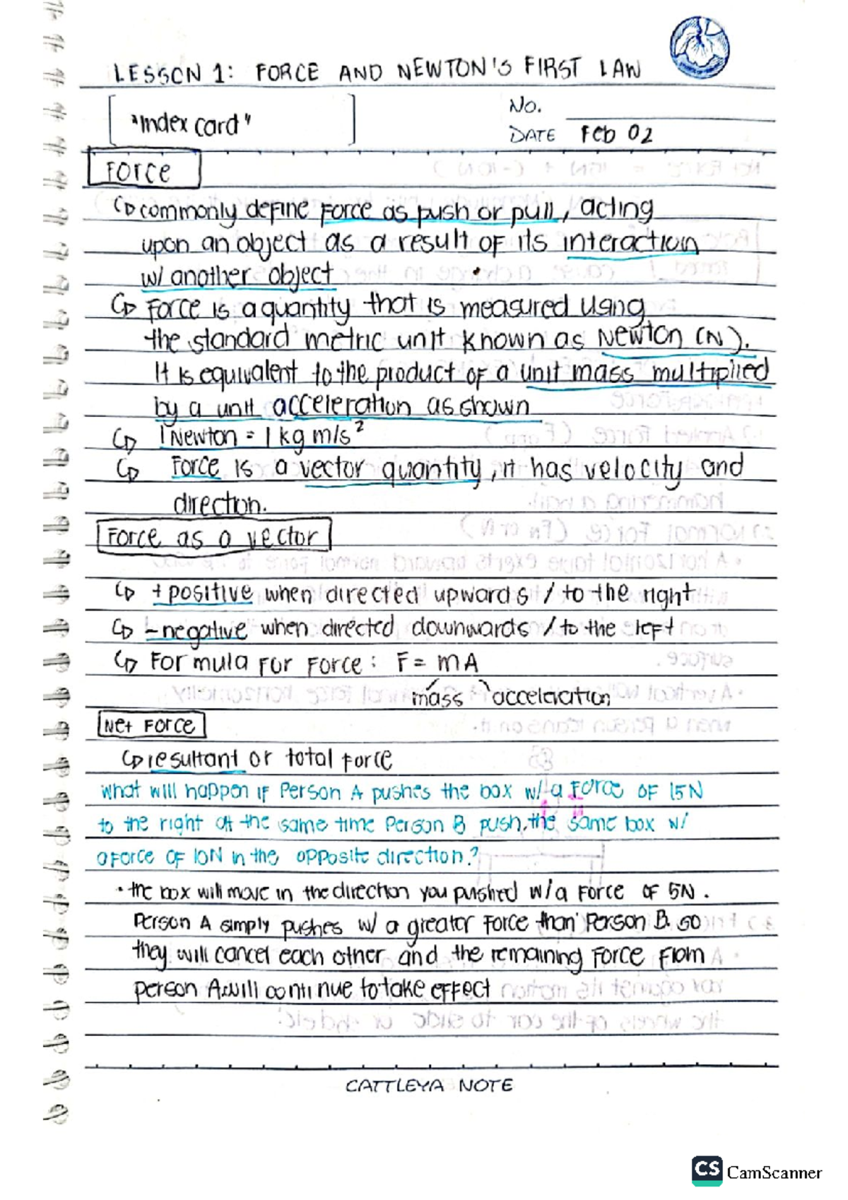 General Physics Lesson 1 - LESSON 1: FORCE AND FIRST L AN No. card DATE ...