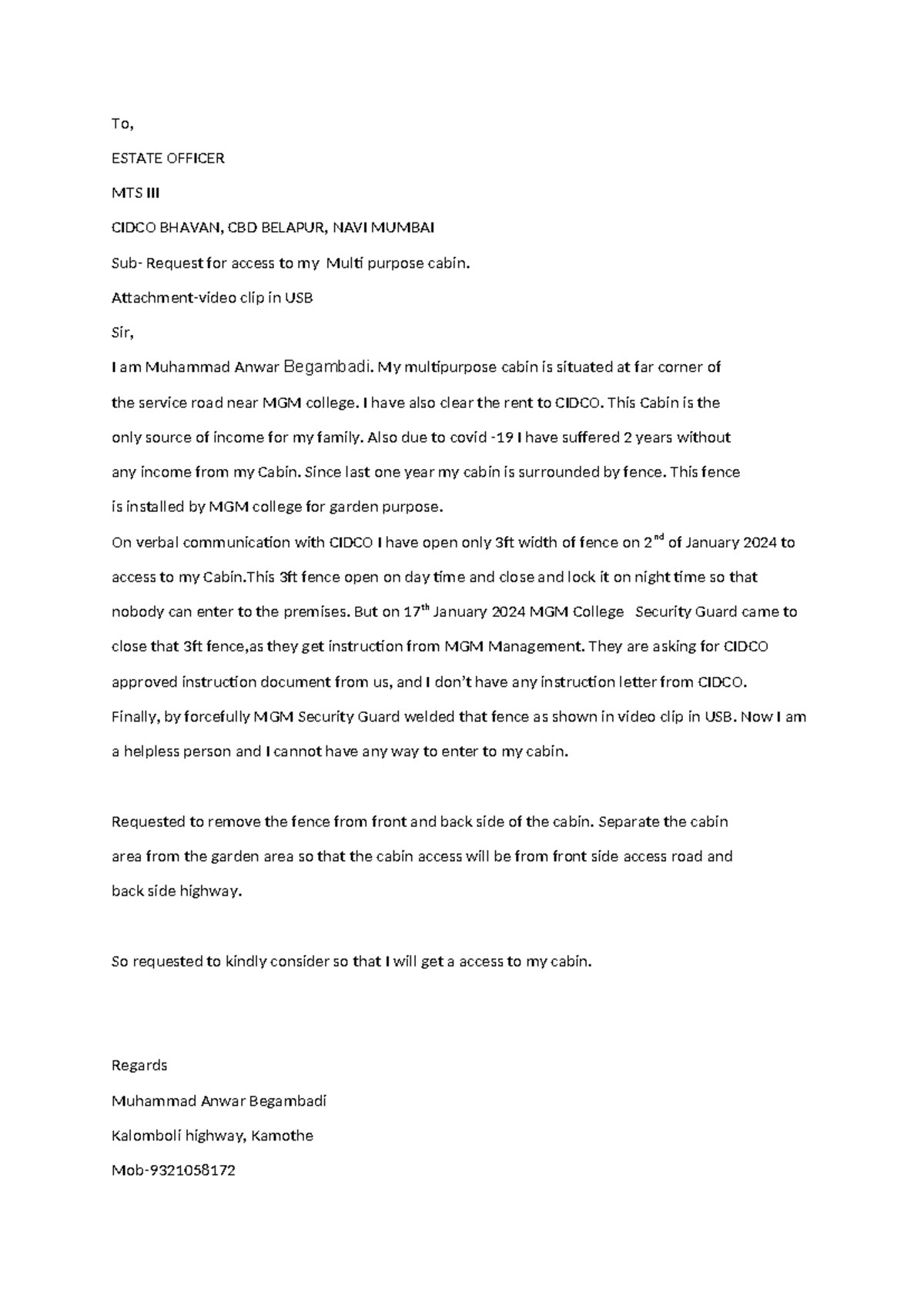 Cidco Letter 17 jan 2024 - To, ESTATE OFFICER MTS III CIDCO BHAVAN, CBD ...