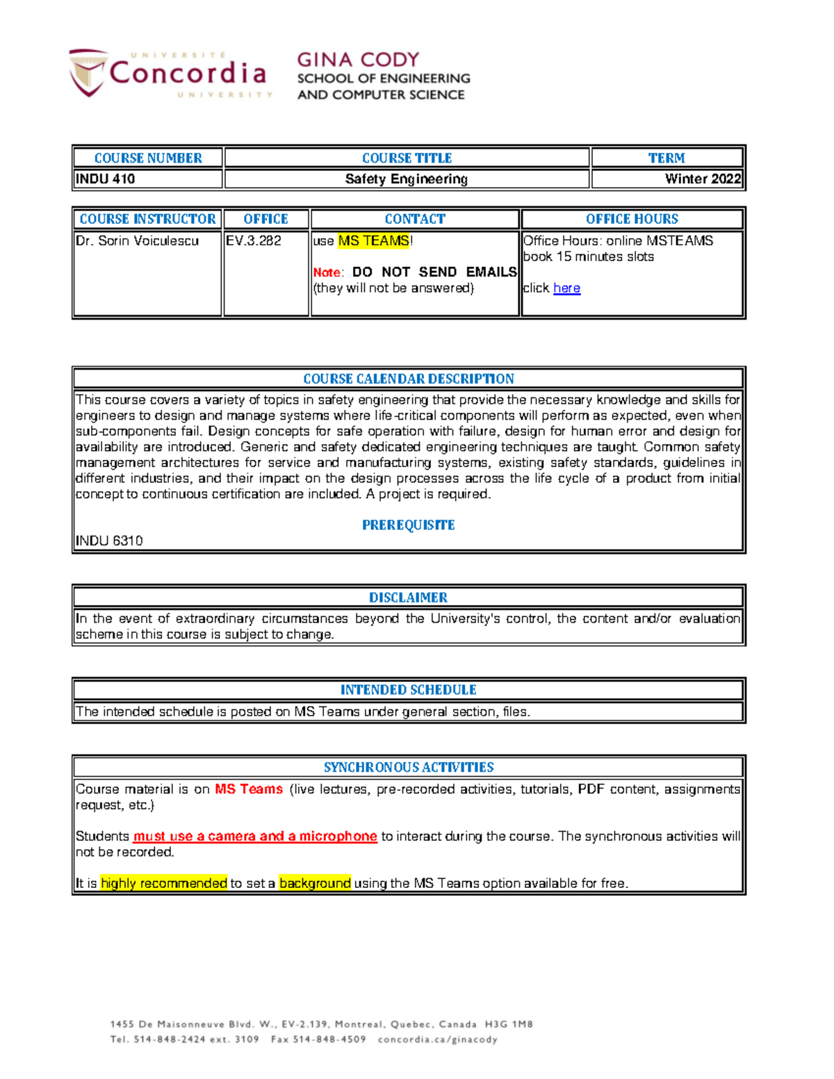 INDU 410 Fall 2022 - Course Outline - COURSE NUMBER COURSE TITLE TERM ...