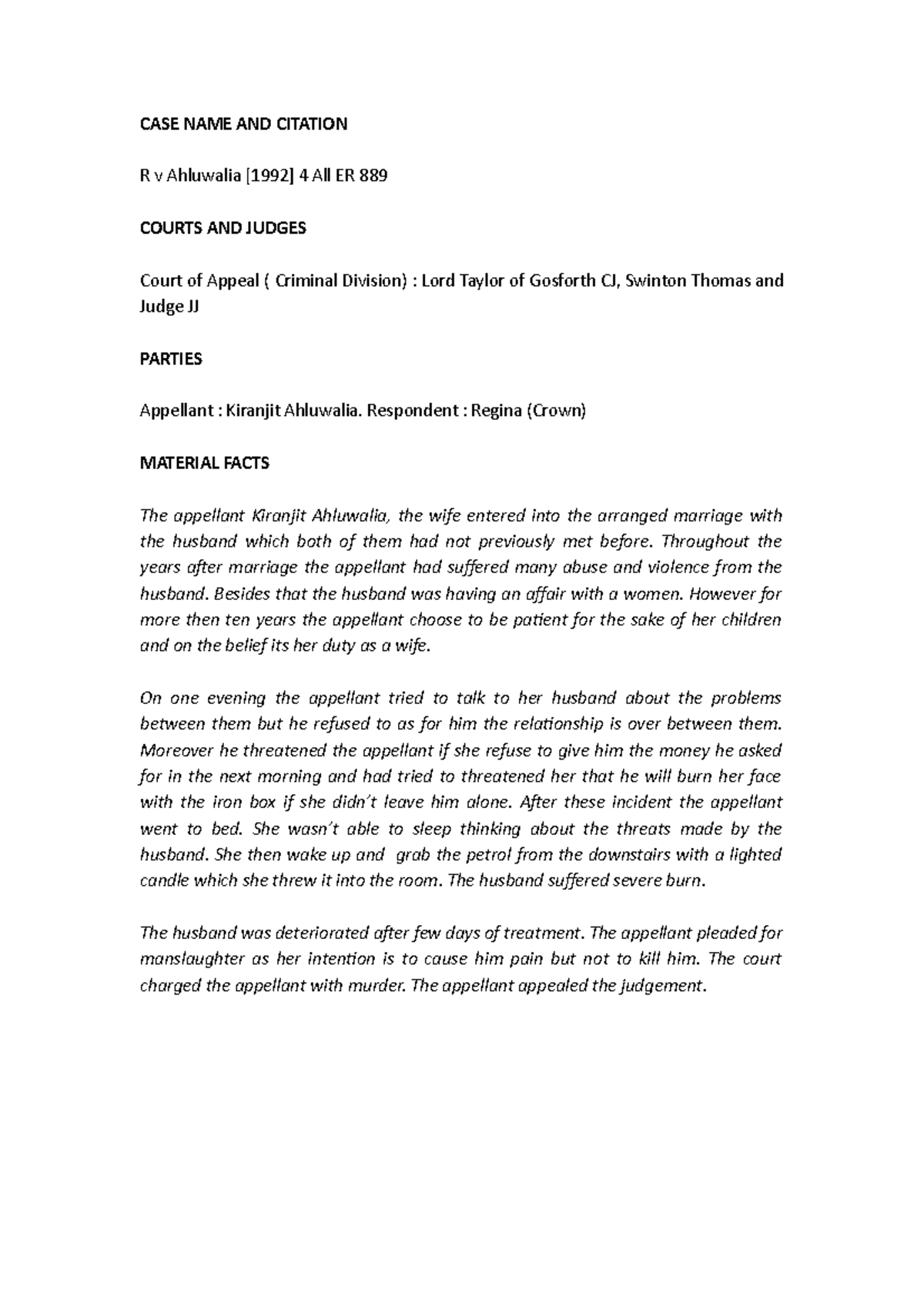 CASE NOTE copy - CASE NAME AND CITATION R v Ahluwalia [1992] 4 All ER ...