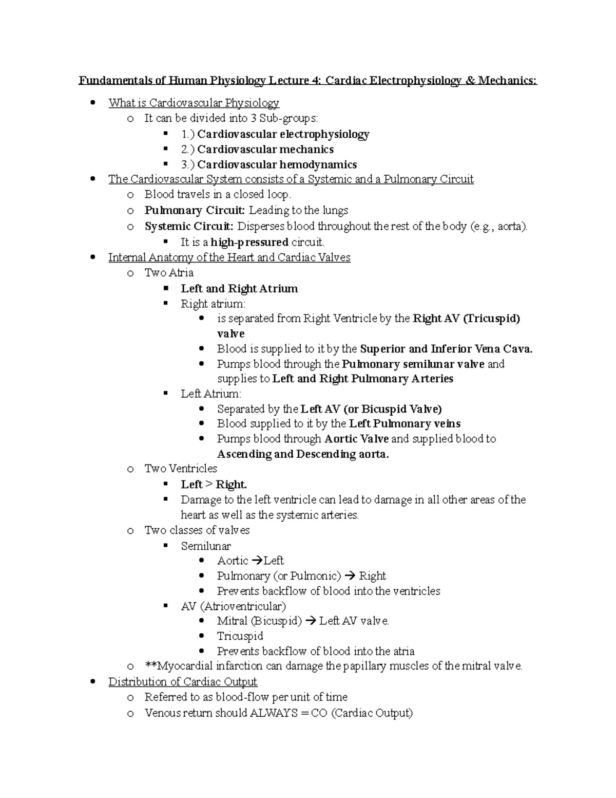Fundamentals of Human Physiology Lecture 4 Notes - ) Cardiovascular ...