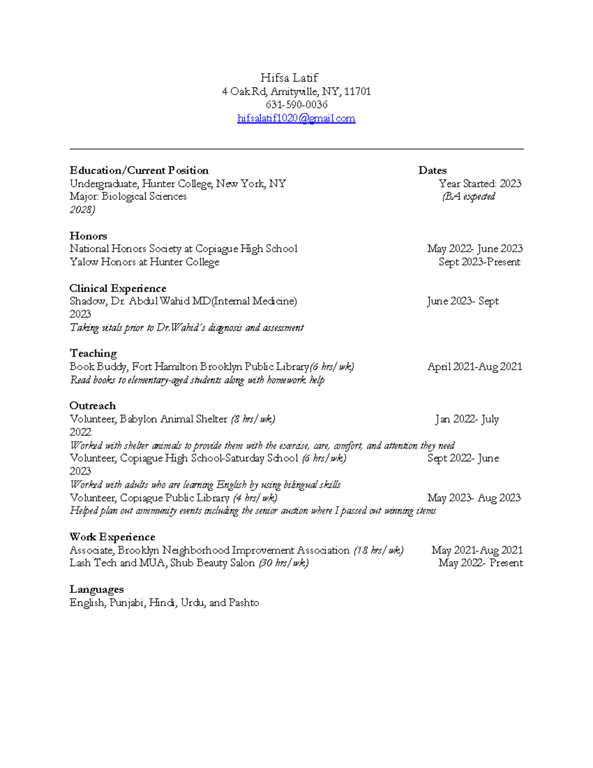 CV workshop for Pre-Health students 02012 3 - Hifsa Latif 4 Oak Rd ...