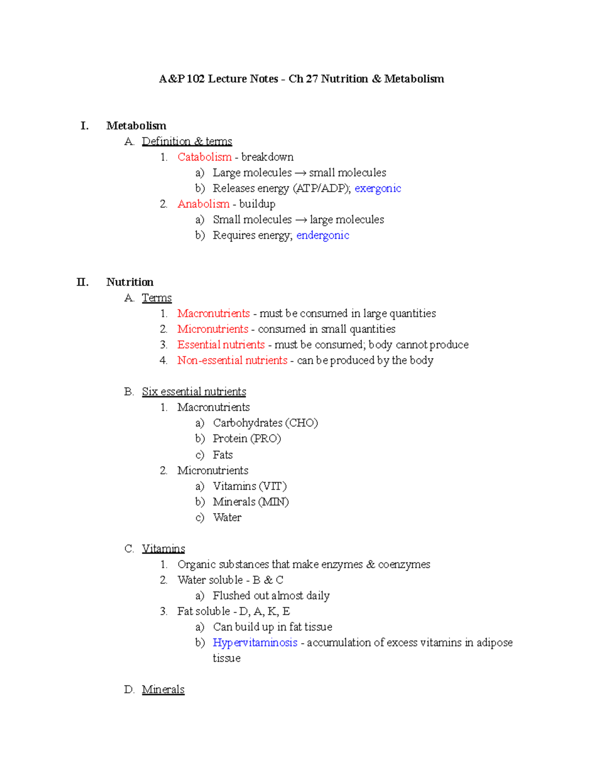 Ch 27 Nutrition and Metabolism Notes - A&P 102 Lecture Notes - Ch 27 ...