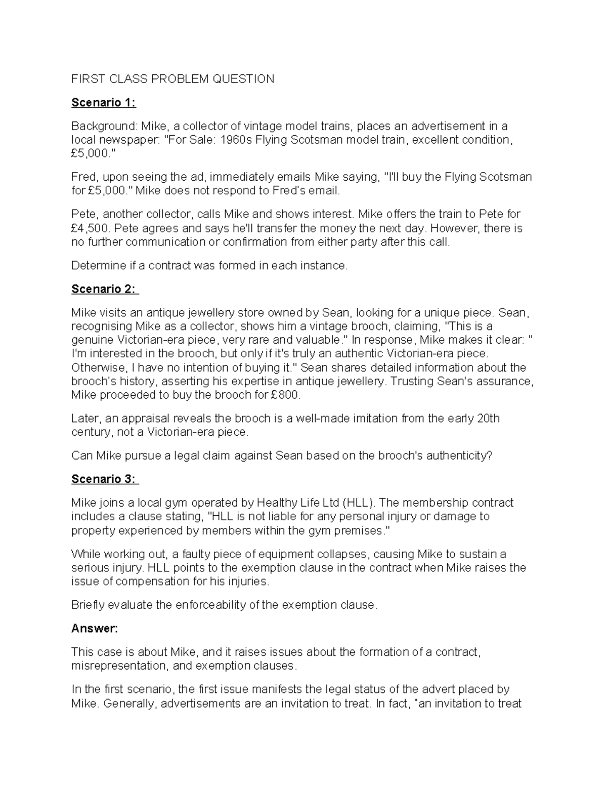 Document 9 - contract PQ - FIRST CLASS PROBLEM QUESTION Scenario 1 ...