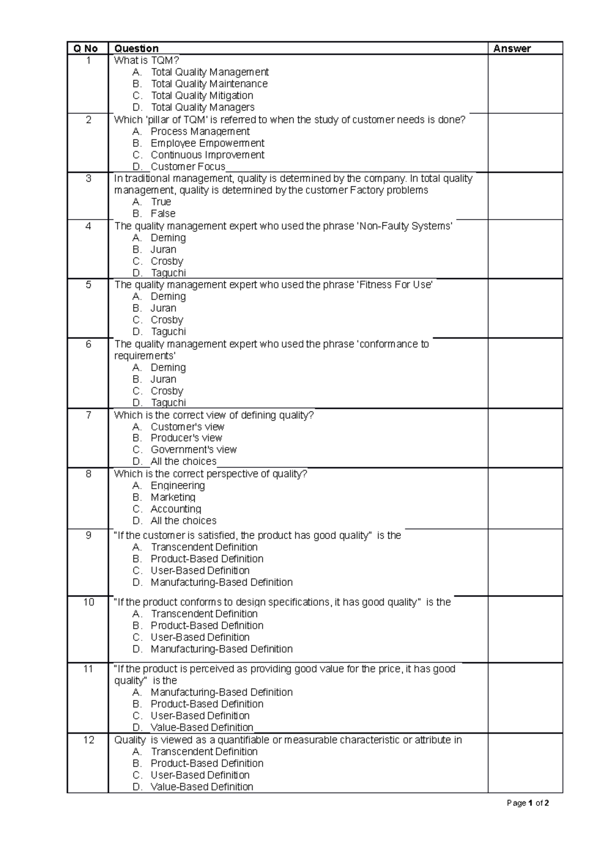 TQM Quiz - TQM Quiz - Q No Question Answer 1 What is TQM? A. Total ...