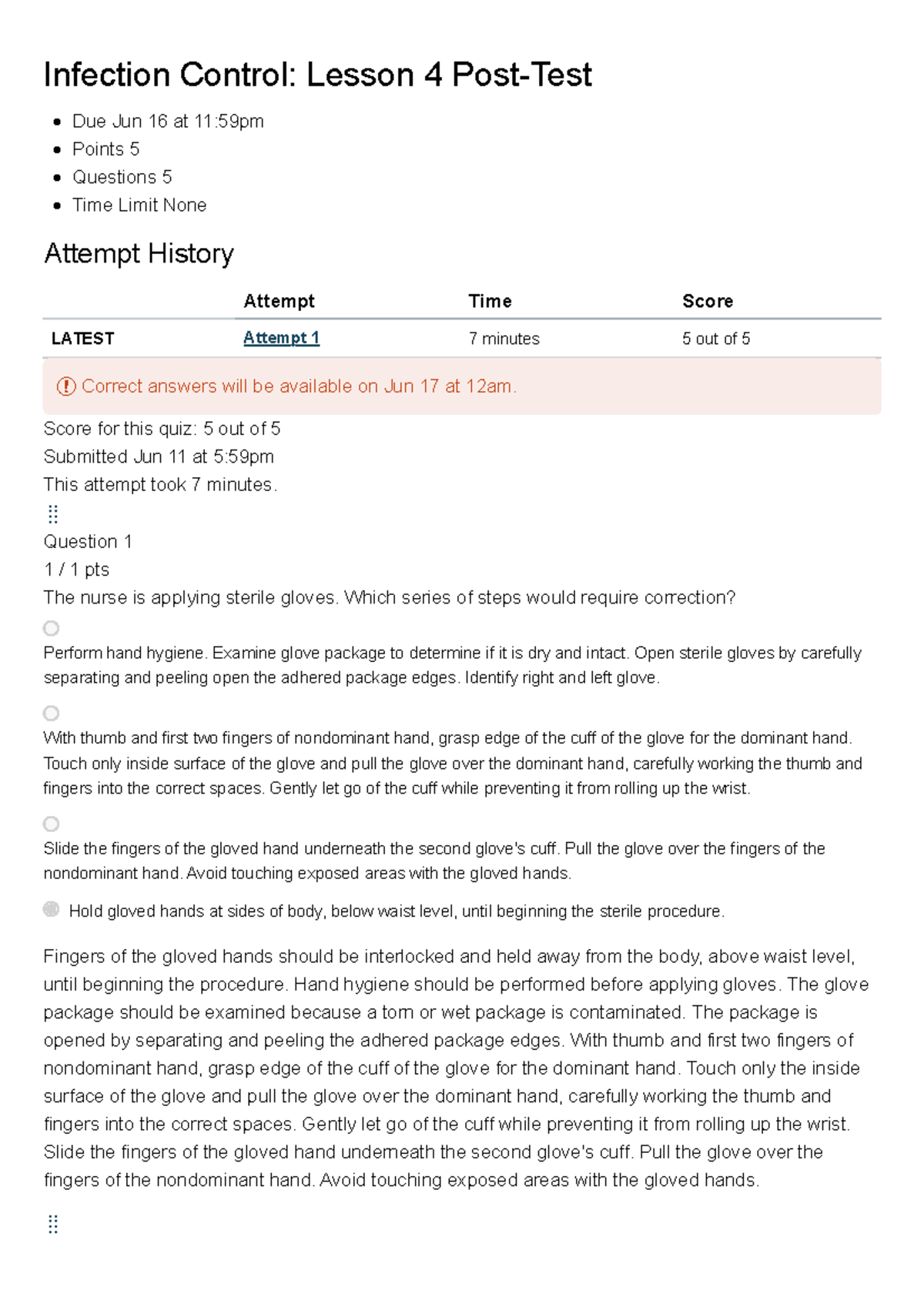 Infection Control Lesson 4 Post-Test BSN206-17 Foundation of Nursing ...