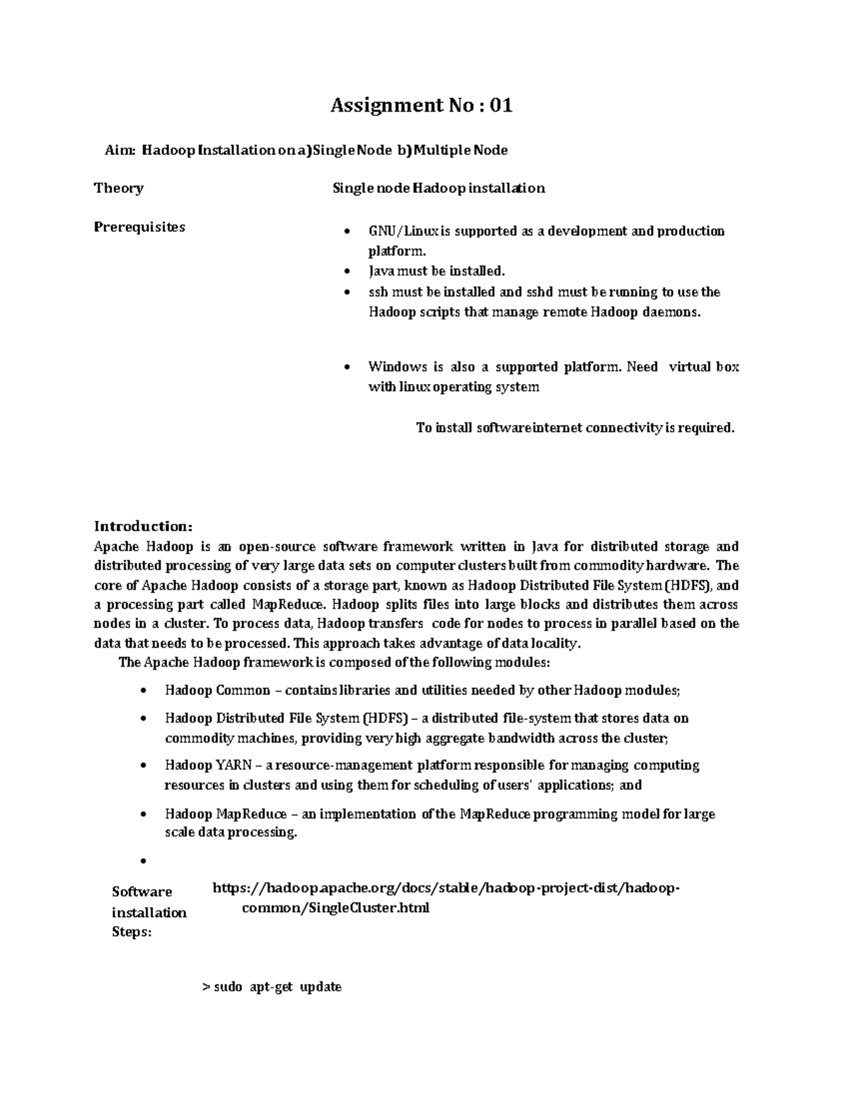 Lab Manual - Assignment No : 01 Aim: Hadoop Installation on a) Single Node b) Multiple Node ...