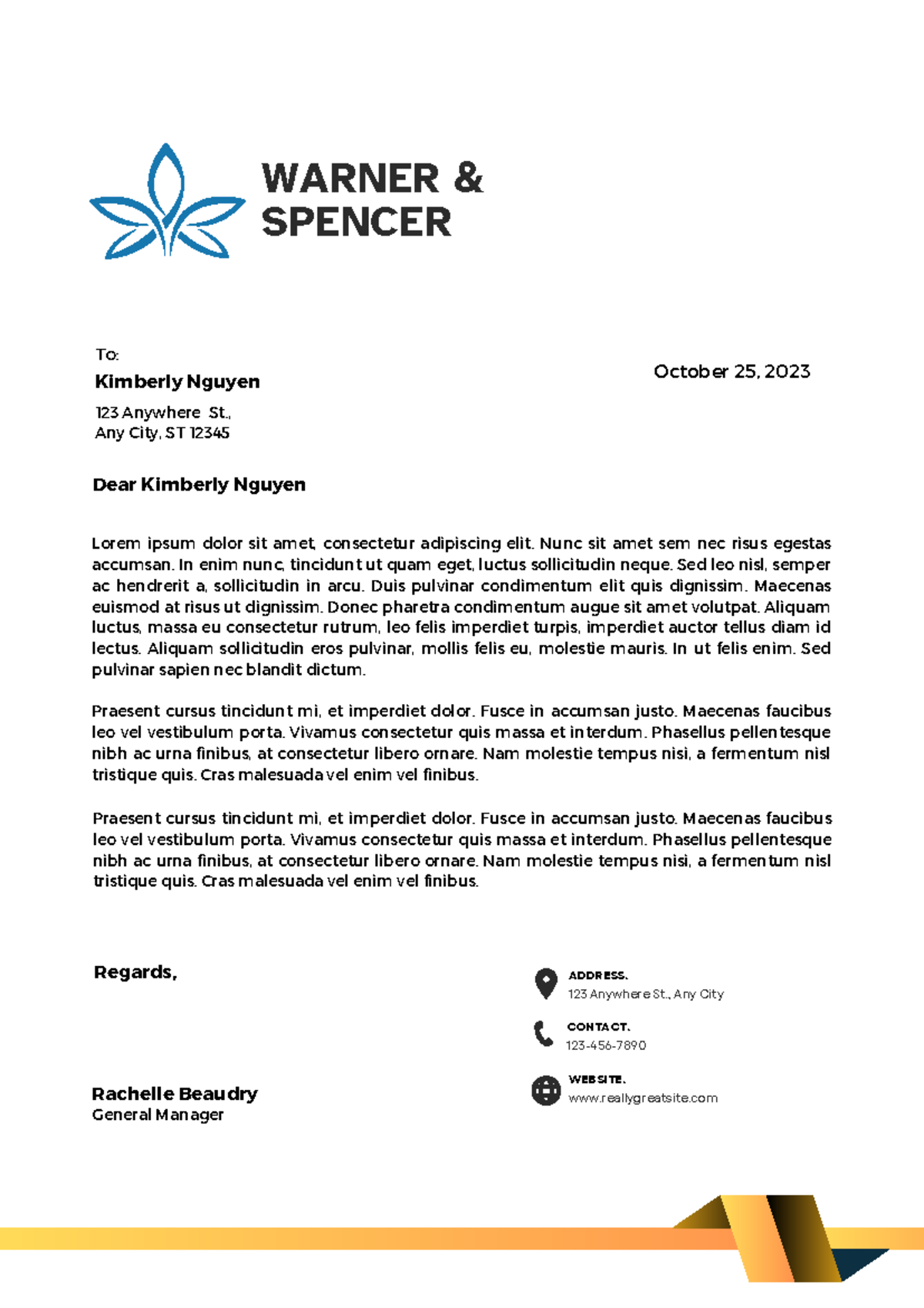 Blue Minimalist Business Letterhead - Rachelle Beaudry General Manager ...