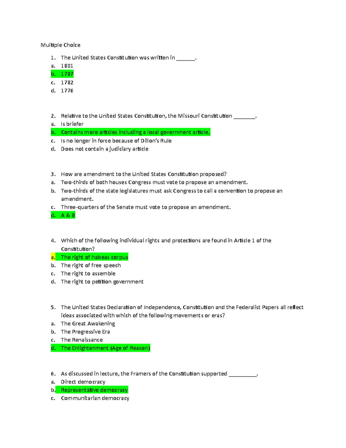 Poli Sci 1100 Fall Semester Mid Term 1 - Multiple Choice The United ...