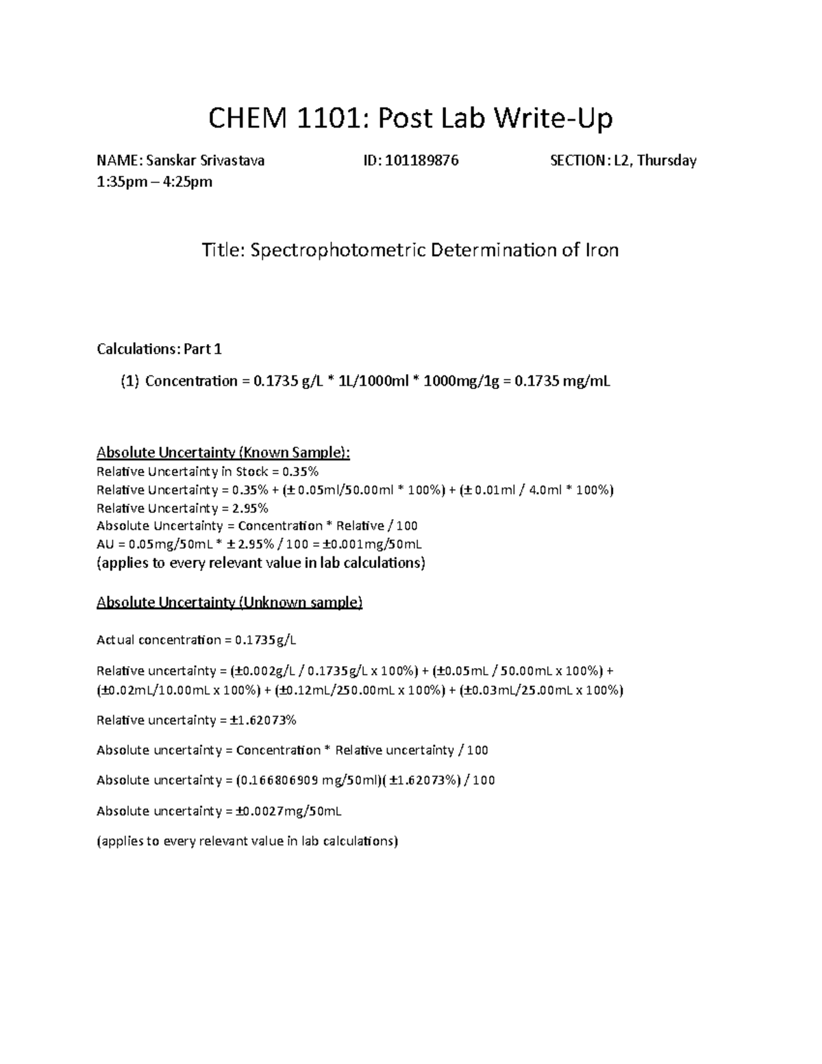 CHEM 1101 Lab Report 1-3 - CHEM 1101: Post Lab Write-Up NAME: Sanskar ...