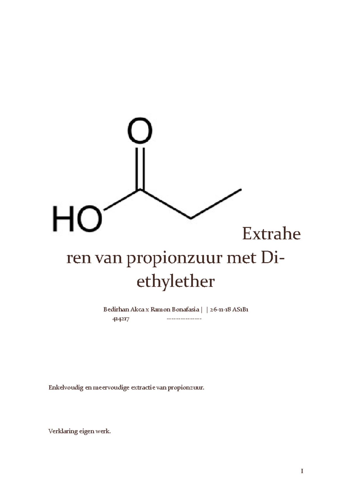 Meetverslag scheikunde d - Extrahe ren van propionzuur met Diethylether ...