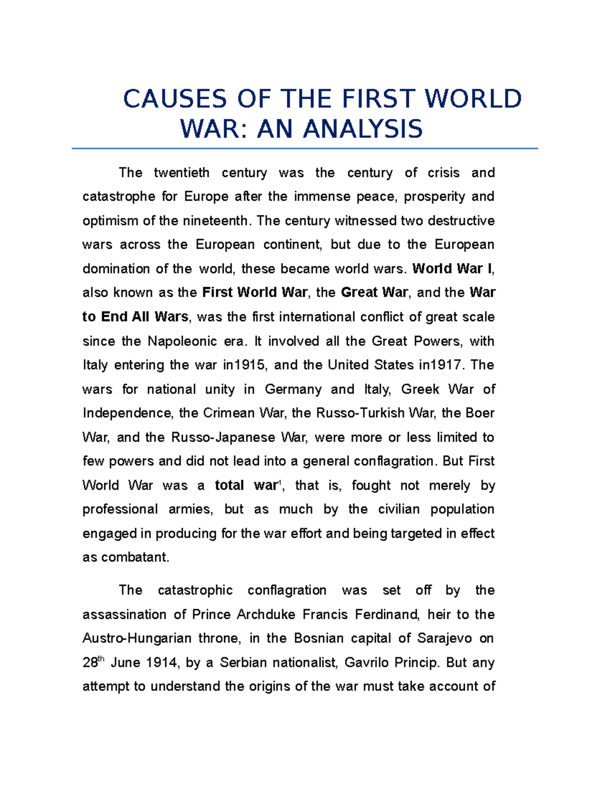Causes OF THE First World WAR AN Analysis - CAUSES OF THE FIRST WORLD ...