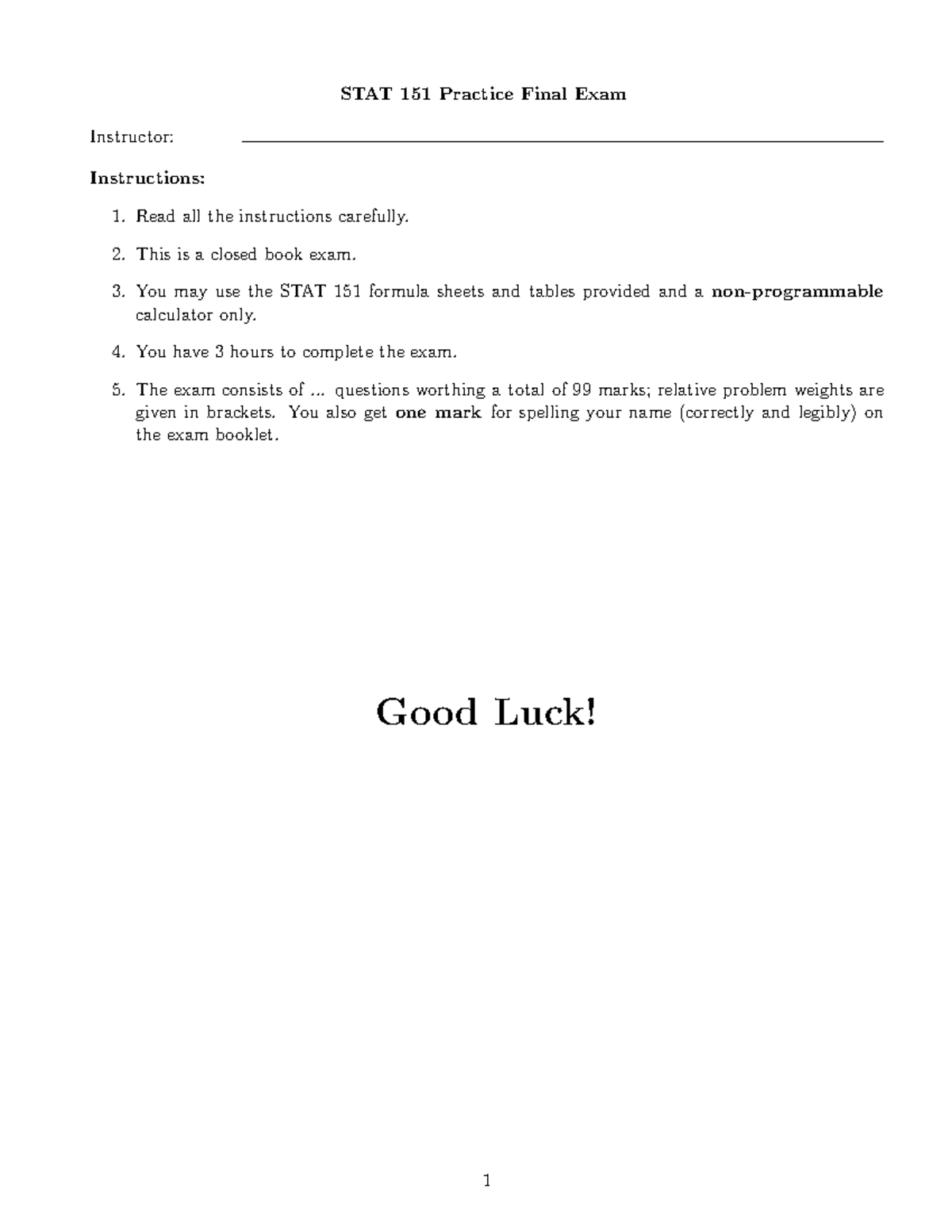 Stat151samplefinal Practice Final Stat 151 Practice Final Exam Instructor Rui Hu
