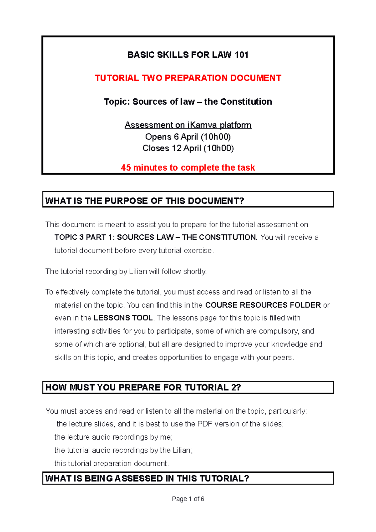 Tutorial 2 Preparation DOC - Sources OF LAW - THE Constitution - Student Guide - BASIC SKILLS ...
