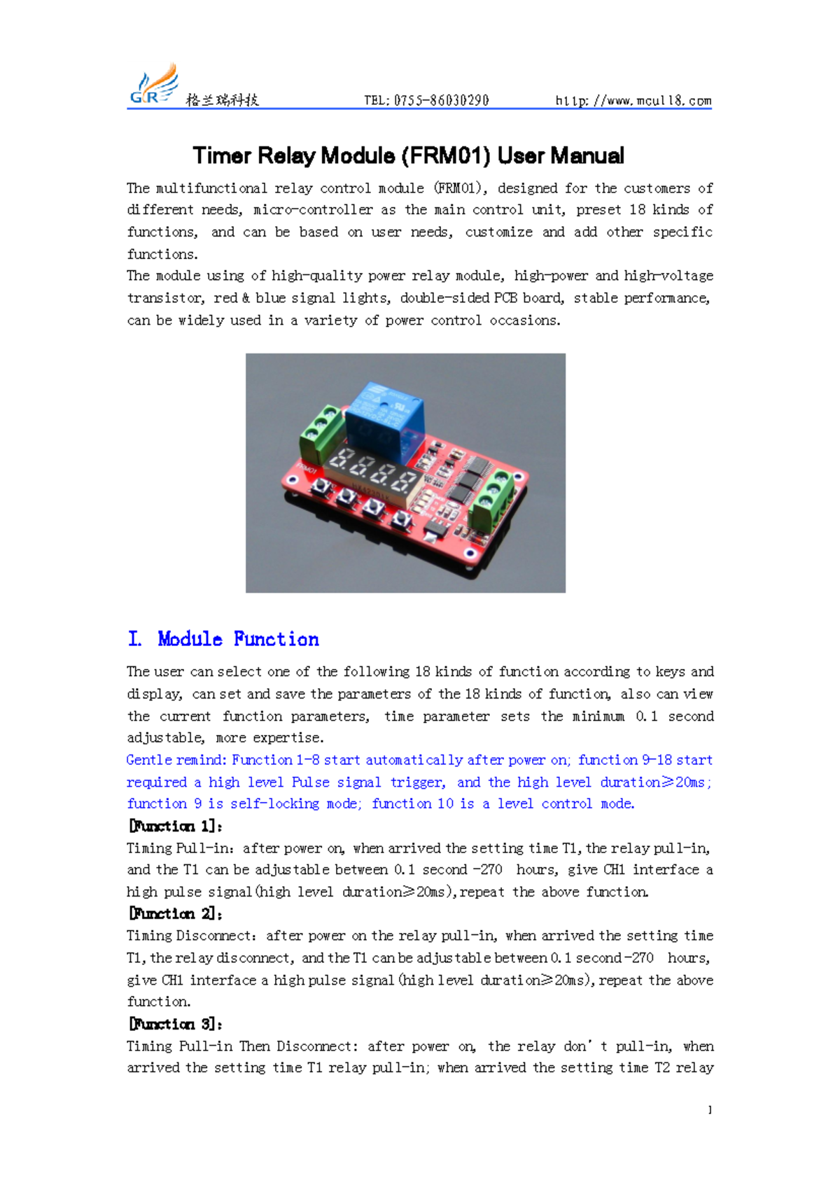 Timer Relay Module (FRM01) User Manual - The module using of high ...