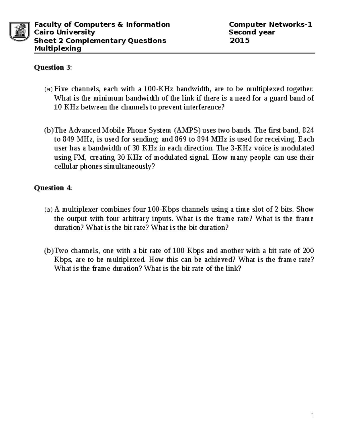 Computer Networks-1 Sheet 2 Complementary Questions - Faculty of ...