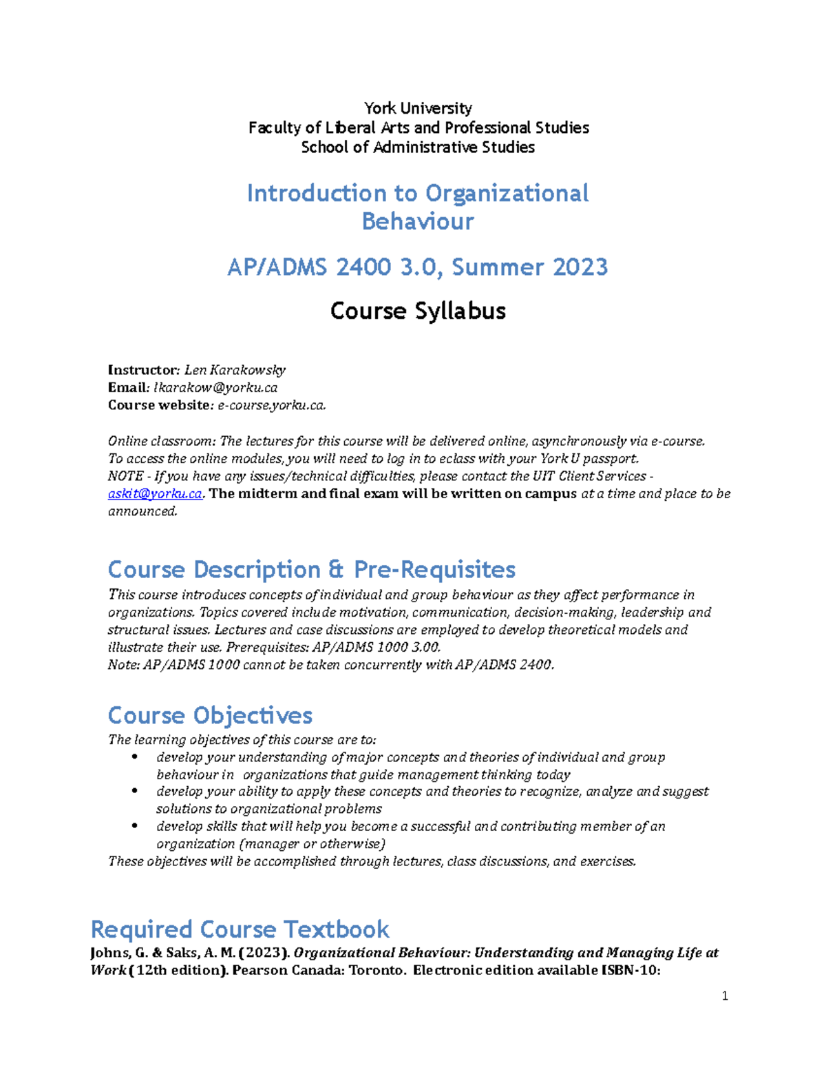 S23.ADMS 2400 Outline - ADMS 2400 - Yorku - Studocu