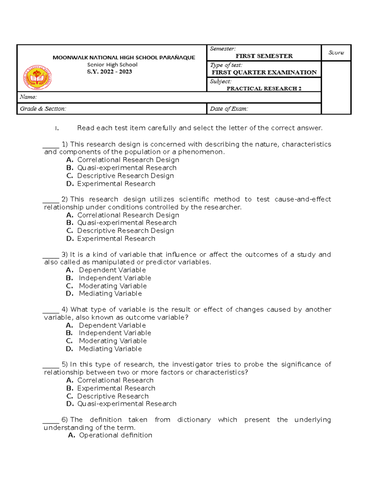 Finalized Practical Research 2 First QTR EXAM - I. Read each test item ...