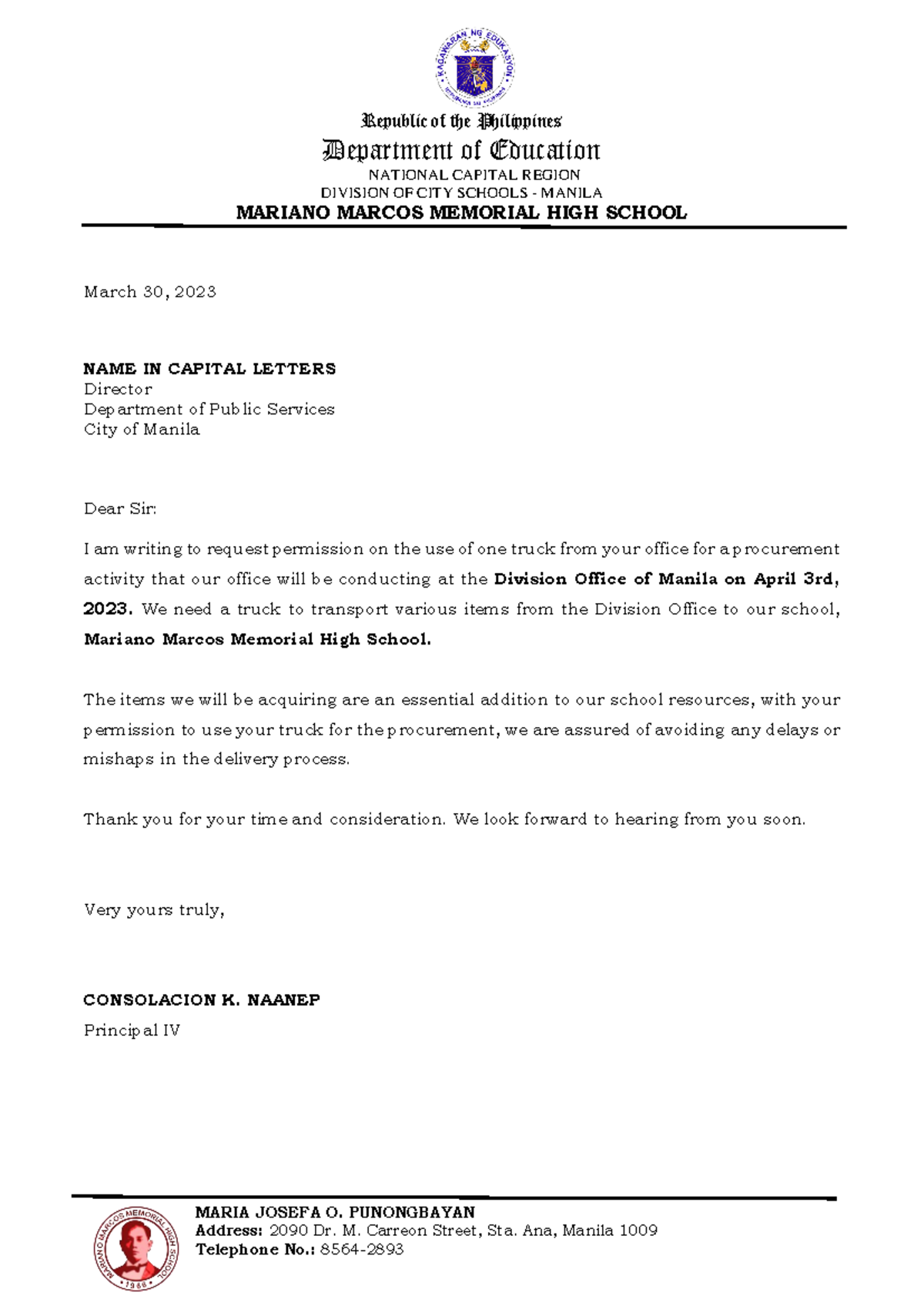 Letter FOR Trucking TO SDO Manila - Republic of the Philippines Department of Education NATIONAL ...